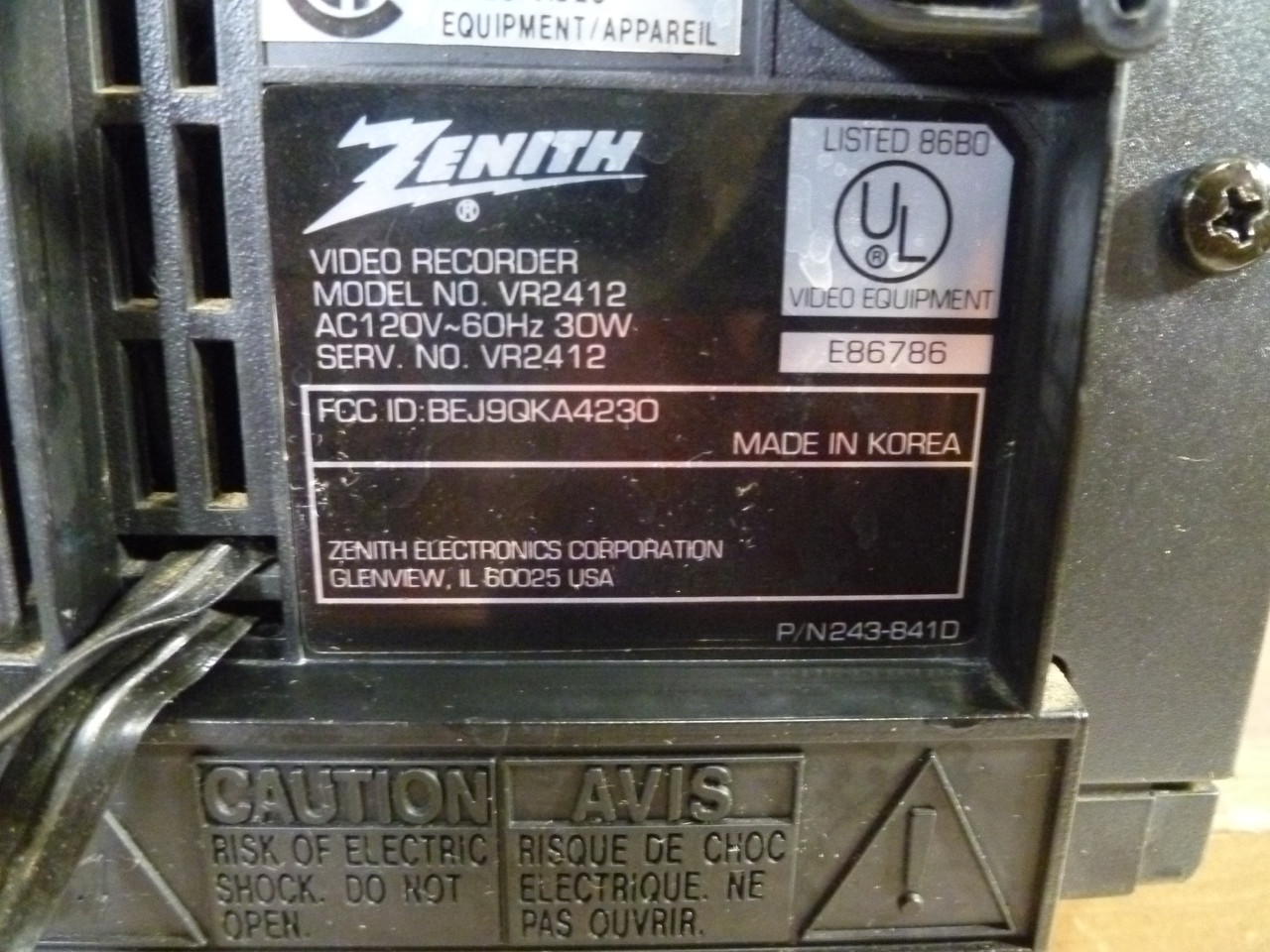 Zenith VCR Player Recorder VR-2412 On VHS Tape Serviced