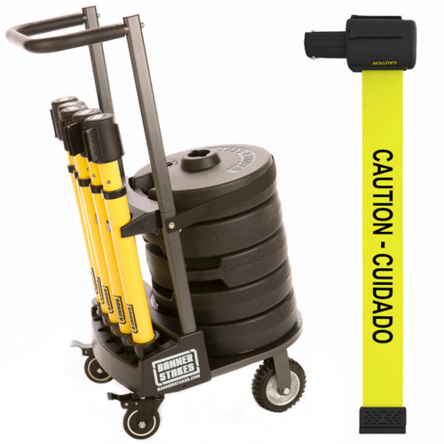 Banner Stakes PL4002 PLUS Cart Package, Yellow "Caution-Cuidado" Banner