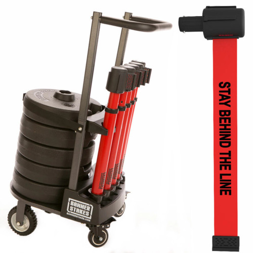 Banner Stakes PL4012 PLUS Cart Package, Red "Stay Behind The Line" Banner
