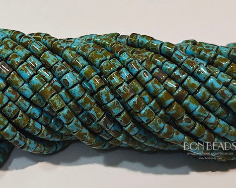 6/0 Aged Powder Blue Turquoise Picasso Bugles (1/4 Kilo) - Bon Beads
