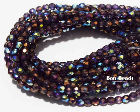 3mm Dark Amethyst AB Round Fire Polished (600 Pieces) - Bon Beads