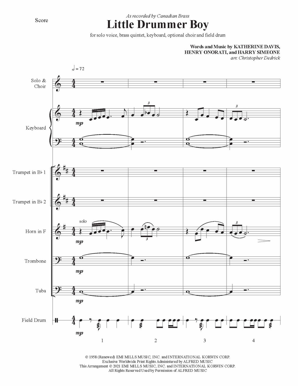 Little Drummer Boy for Brass Quintet, Keyboard, Solo Voice and Optional ...