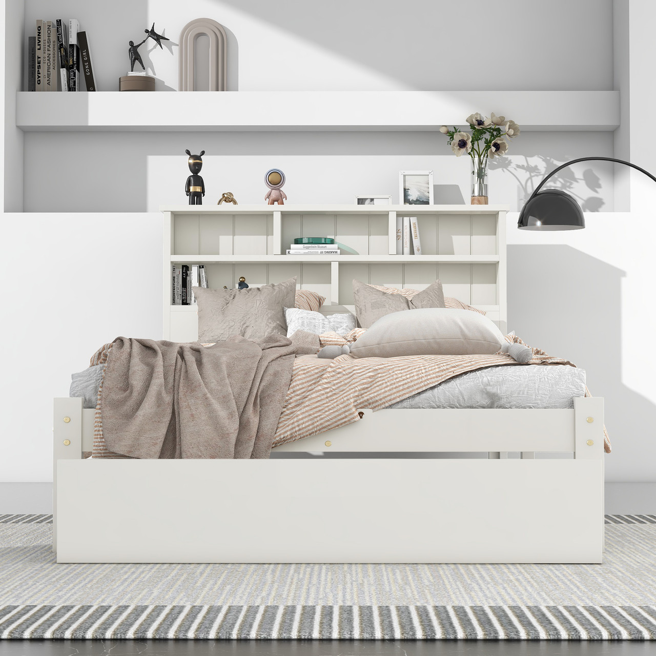 White full platform bed with storage store