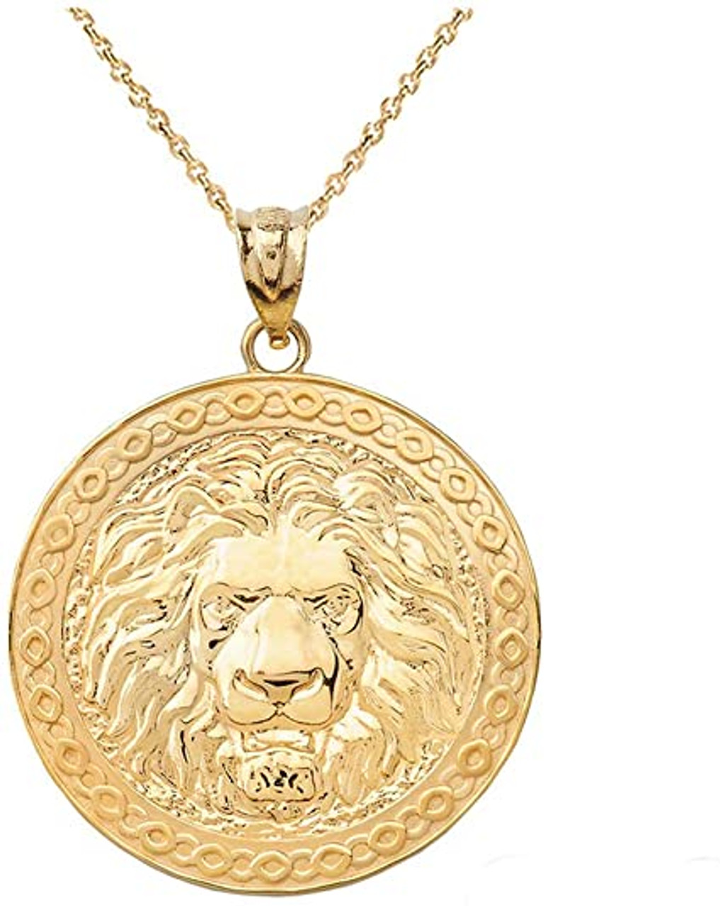 Gold Lion Head Medallion Pendant Necklace Available in Yellow Rose White