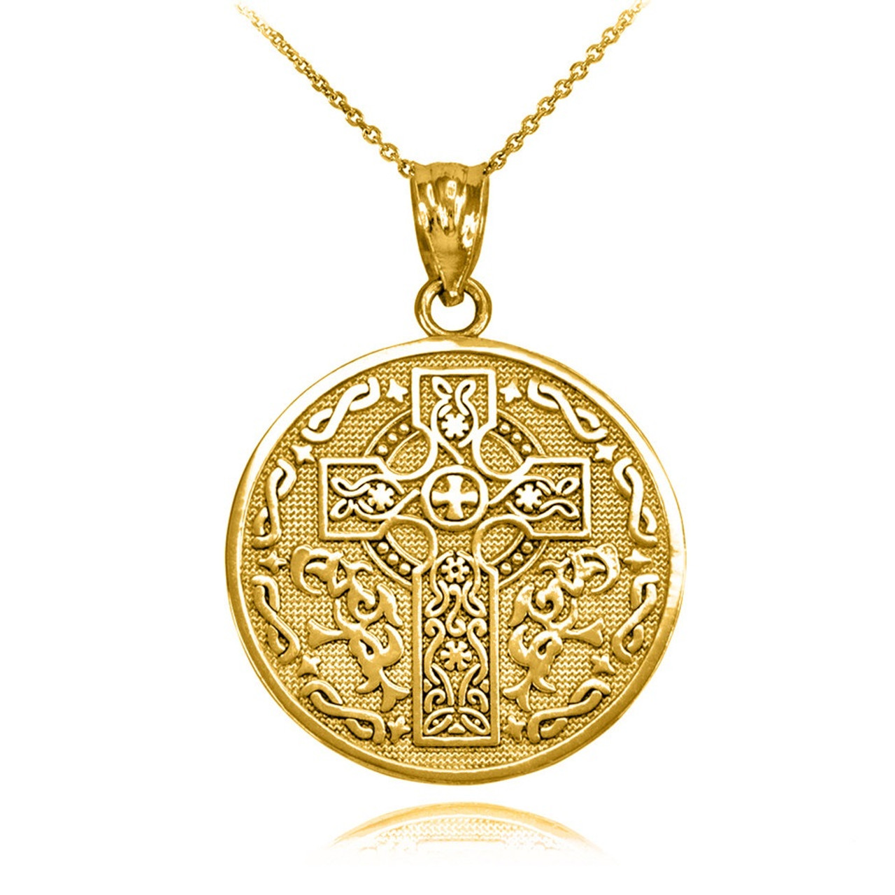 Gold Celtic Cross Irish Blessing Textured Coin Medallion Pendant Necklace Available in Yellow Rose White Gold