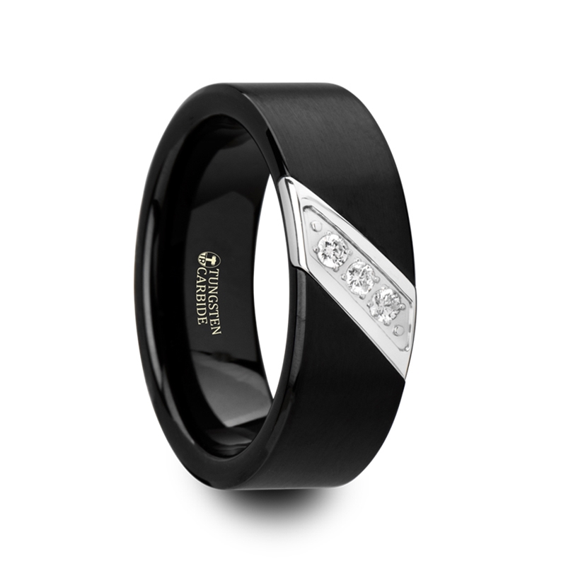 Liam Satin Finish Flat Black Tungsten Wedding Band with Diagonal Diamonds Little King Jewelry