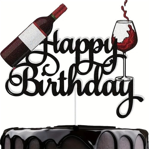 Red Wine Happy Birthday Cake Topper - Card Stock - The Cake Mixer