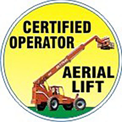 "CERTIFIED OPERATOR AERIAL LIFT" hard hat sticker, 25/pk