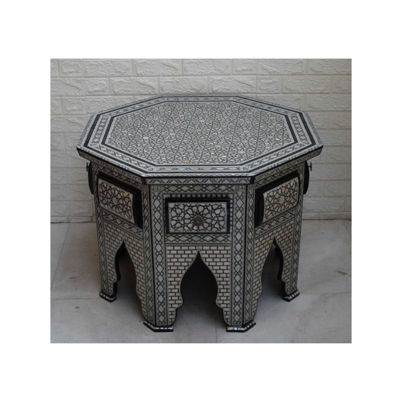 Moroccan Coffee Table 31 Wide Egyptian Mother of Pearl Inlaid Table with Drawers Morocco Mosaic Wooden Side Table Coffee End Table