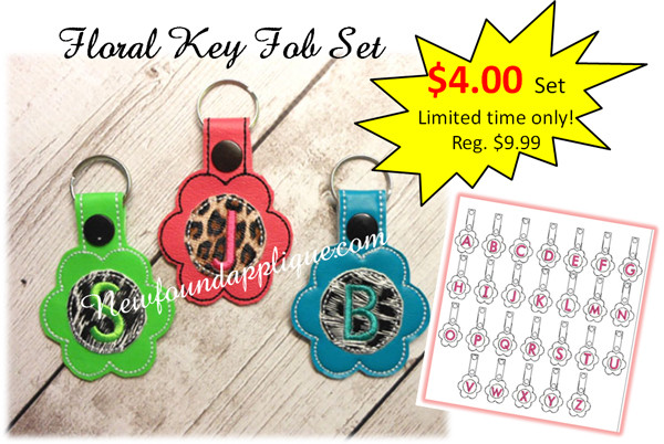In The Hoop Floral Alphabet Key Fob set Embroidery Design