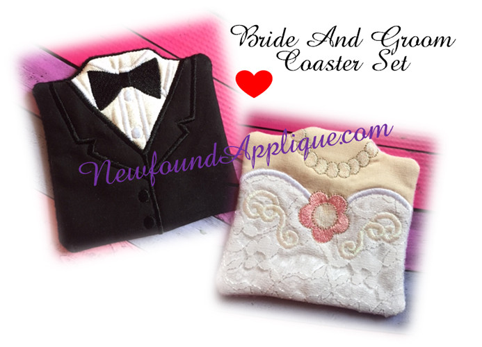 Wedding Bride and Groom Coasters Embroidery Design Set