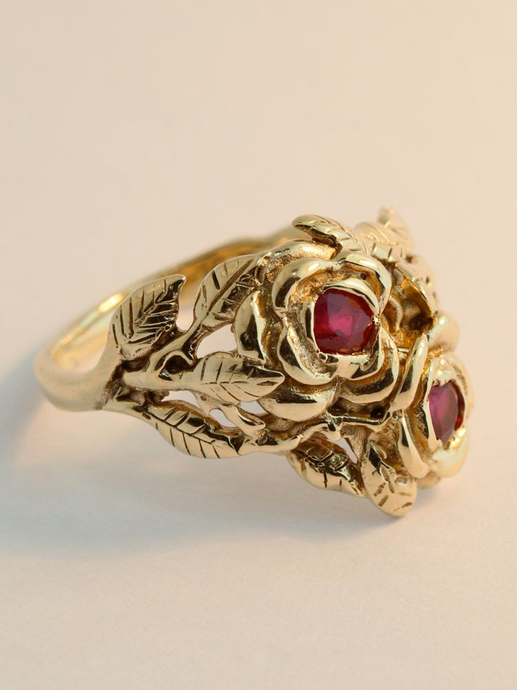 Double Rose and Ruby Ring - 14K Gold - Marty Magic Store