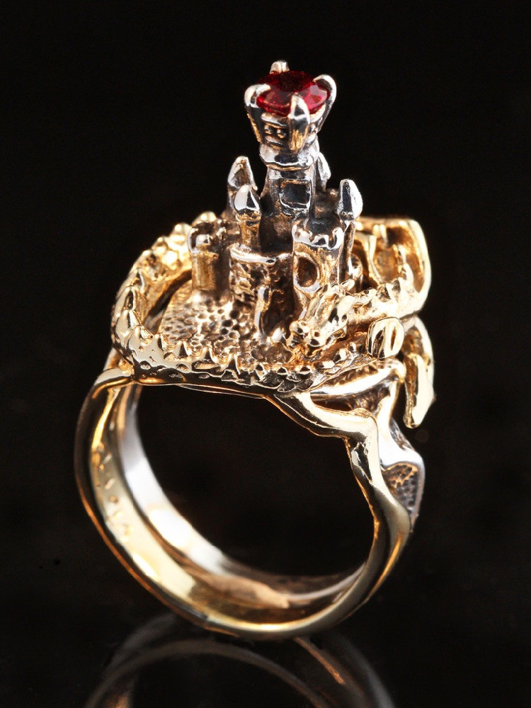 Castle Dragon Ring with Ruby - 14K Gold and Silver - Marty Magic Store