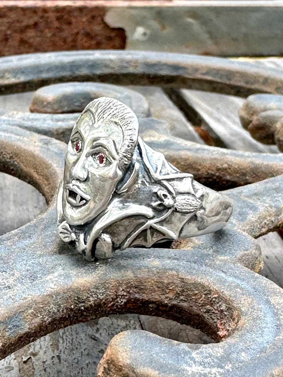 Dracula Vampire Bat Ring with Ruby Eyes - Silver - Marty Magic Store