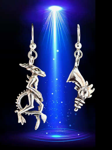 Aqua Alien and Ray Gun Earrings - Silver - Marty Magic Store