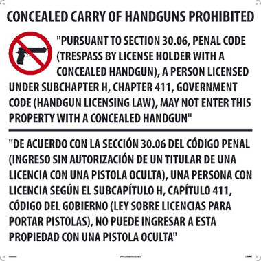 30X30 - Texas Concealed Handgun Prohibited Sign - Aluminum Composite ...