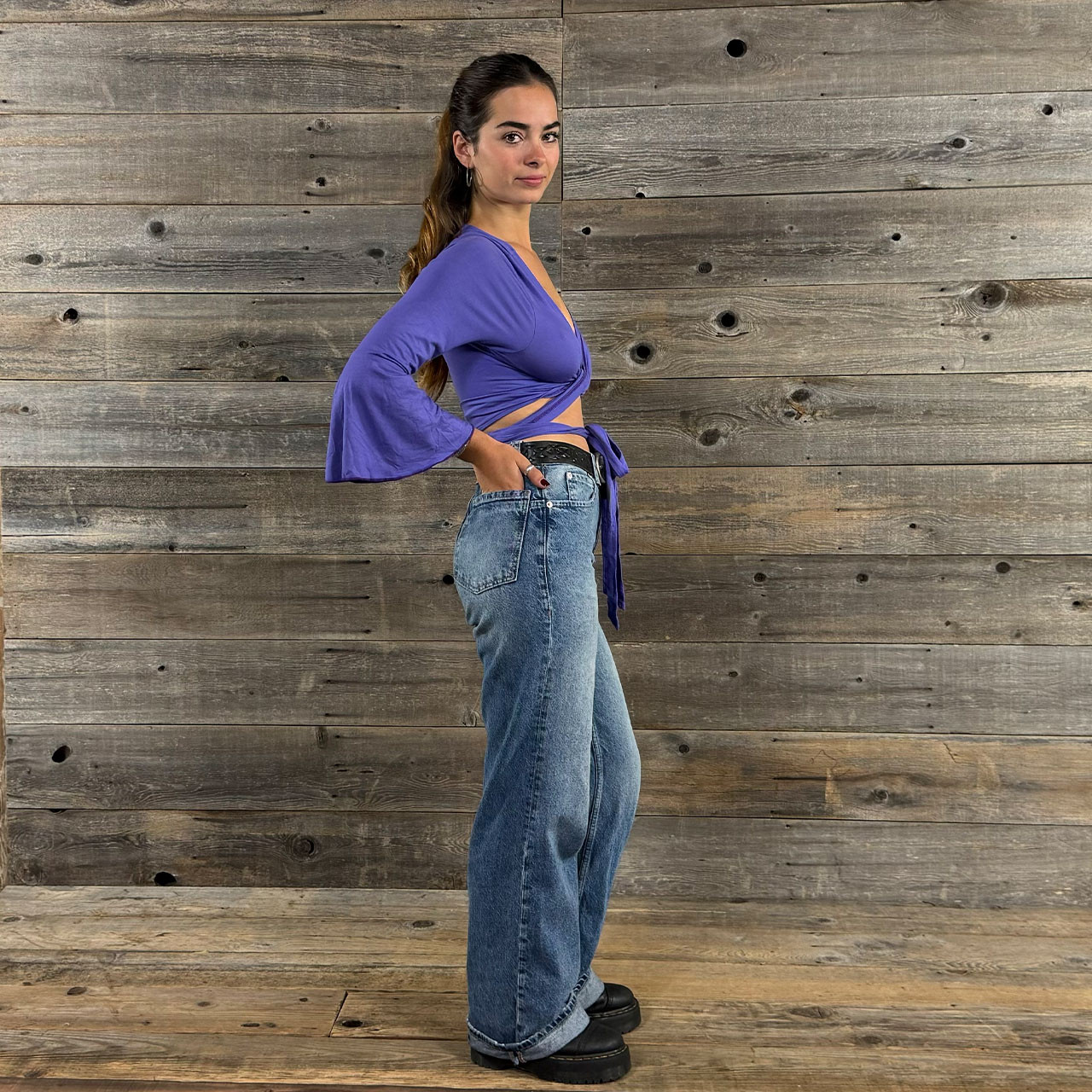 GEANIE TOP Rayon Spandex Bell Sleeve Wrap Top Solid - Jayli Imports Inc.