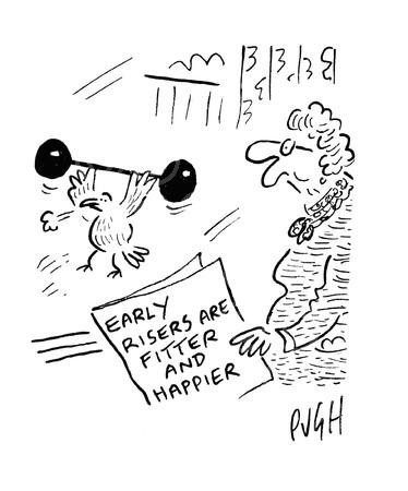 32382679-Pugh Cartoon Early risers are happier and fitter - bird doing ...