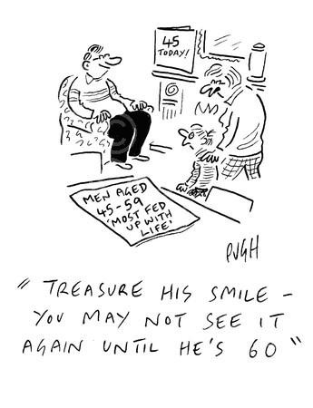 32382689-Pugh Cartoon Men aged 45-59 - fed up with life Smile - Newsprints