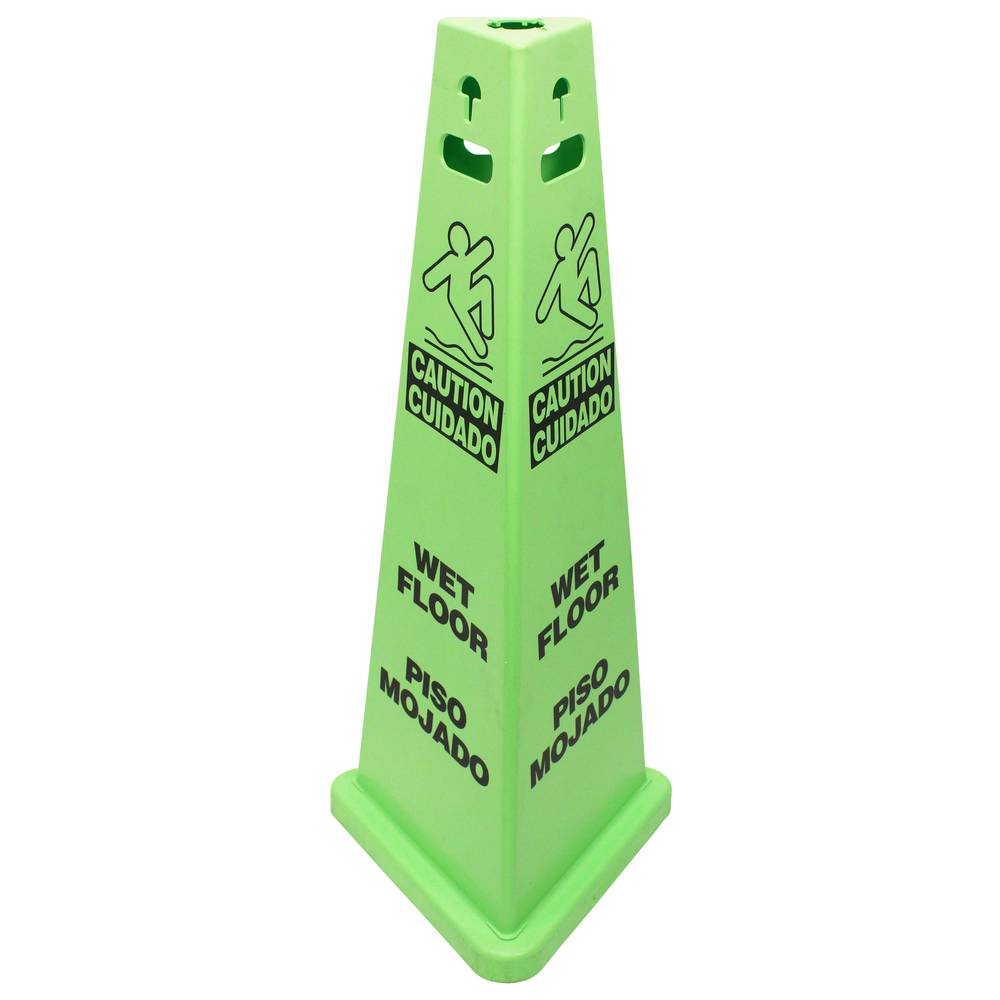 3-Sided Safety Sign, WET FLOOR, English/Spanish Fluorescent Green, 3 ...