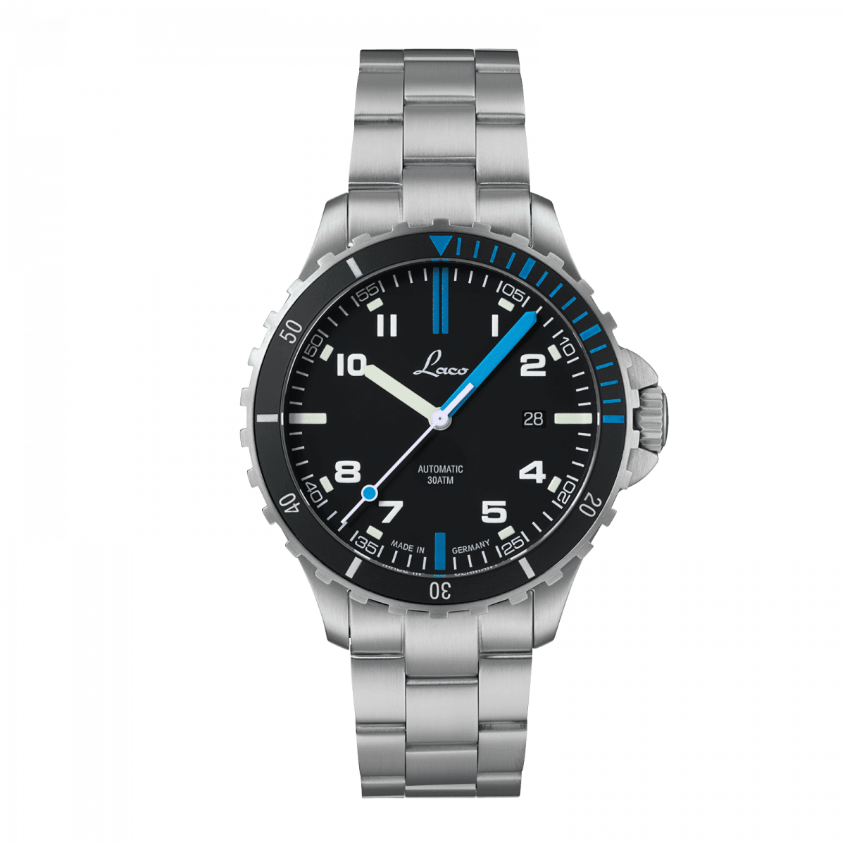 LACO 1925 ATLANTIK 42mm Automatic Black Blue Dial Sports Steel Bracelet ...