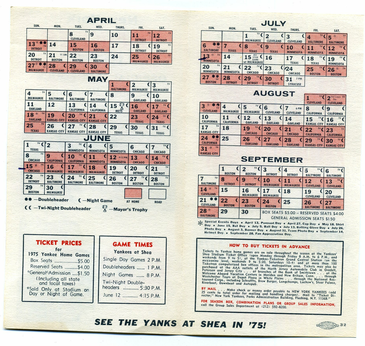 Vintage 1975 New York Yankees Pocket Schedule Shea Stadium - Heroes ...
