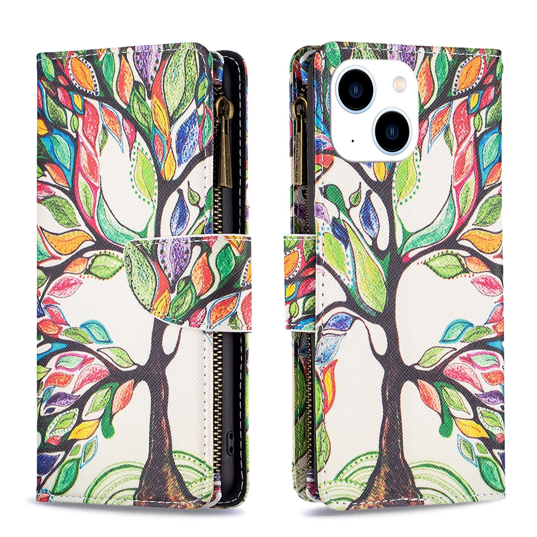 iPhone 15 Colored Drawing Pattern Zipper Phone Leather Case - Tree