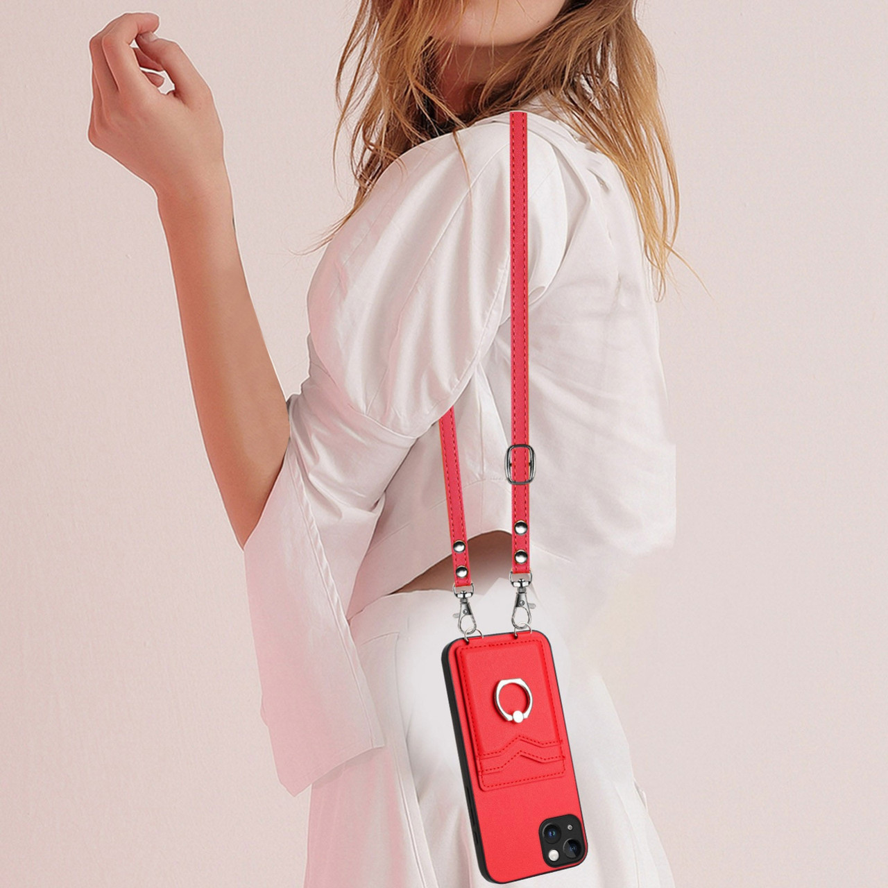 iPhone 15 Plus R20 Crossbody Rope Ring Card Holder Phone Case - Red