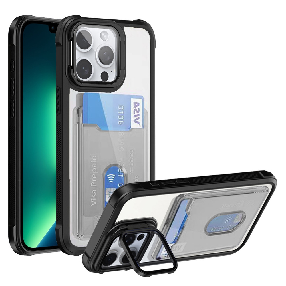 iPhone 13 Pro Max Card Bag Holder Acrylic Hybrid TPU Phone Case - Black