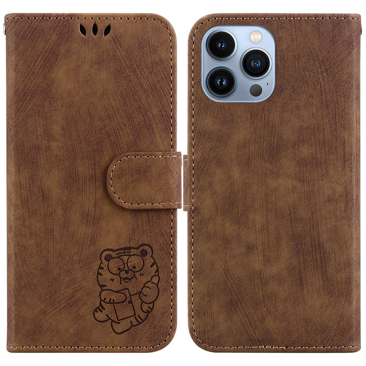 iPhone 13 Pro Max Little Tiger Embossed Leather Phone Case - Brown