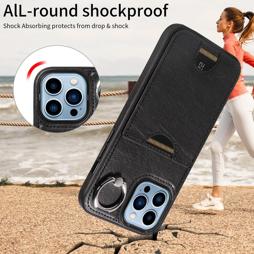 iPhone 13 Pro Max Calf Texture Card Slot Ring Holder Phone Case - Black