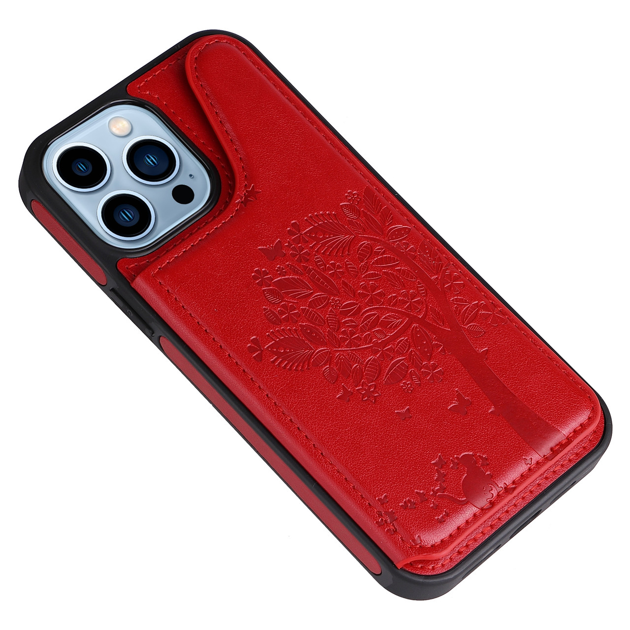 iPhone 13 Pro Max Cat Tree Embossing Pattern Shockproof Phone Case - Red