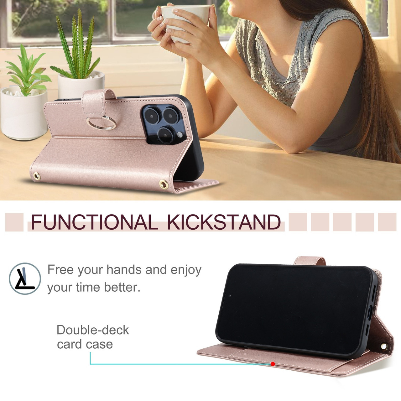 iPhone 13 Pro Max Ring Buckle Rhombic Leather Phone Case - Rose Gold