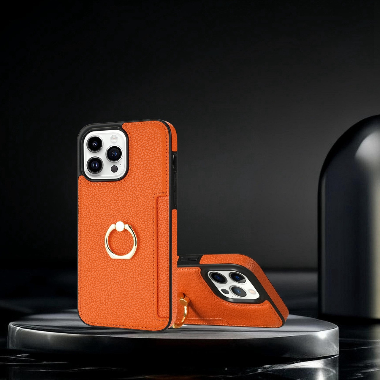 iPhone 13 Pro Max Ring Card Litchi Leather Back Phone Case - Orange