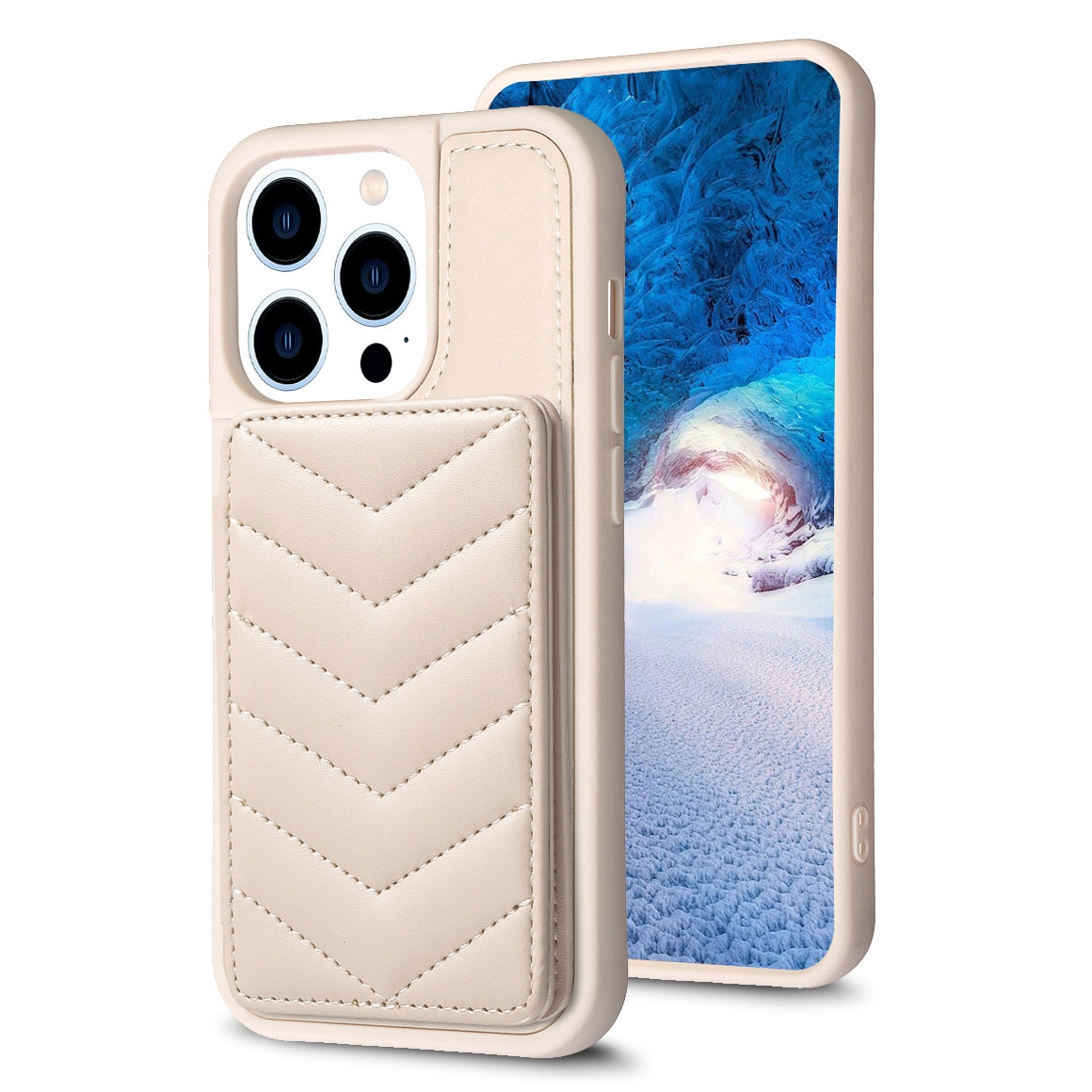 iPhone 13 Pro Max BF26 Wave Pattern Card Bag Holder Phone Case - Beige