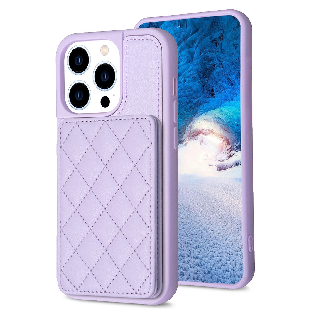 iPhone 13 Pro Max BF25 Square Plaid Card Bag Holder Phone Case - Purple