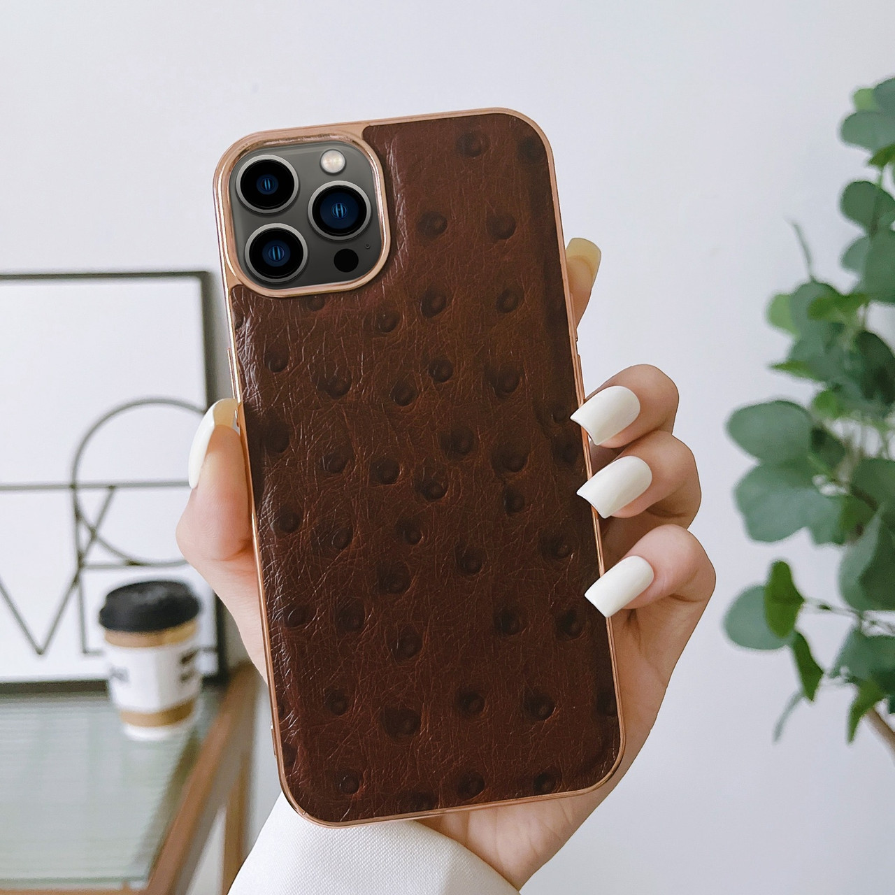 iPhone 13 Pro Max Genuine Leather Ostrich Texture Nano Case - Coffee