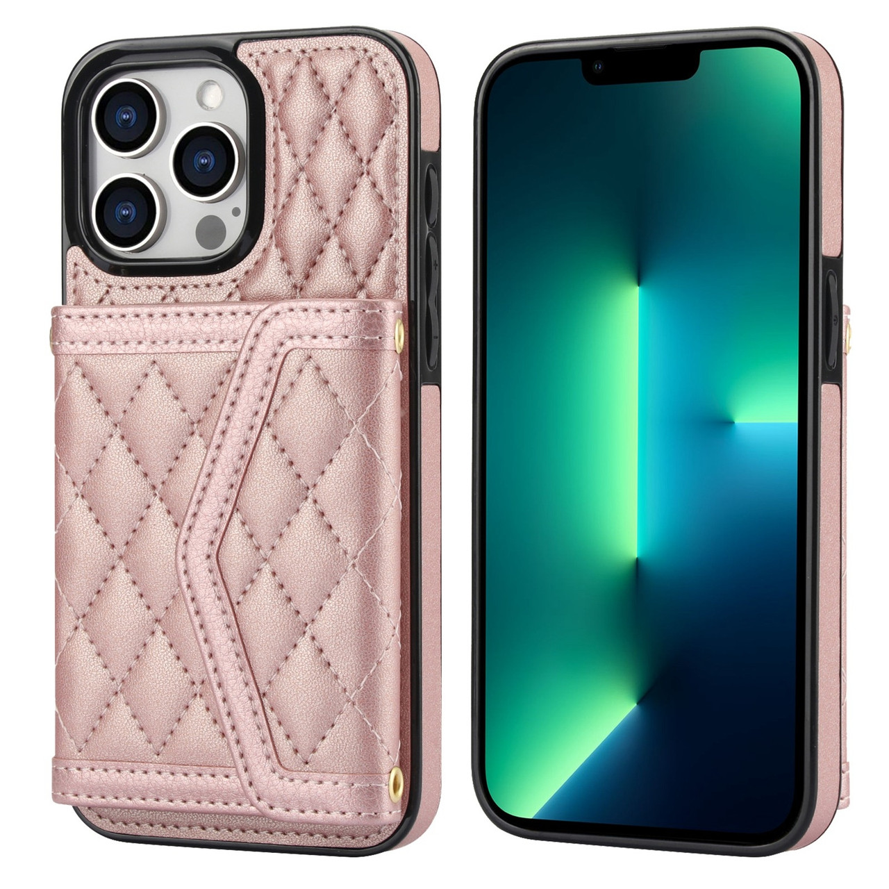 iPhone 13 Pro Max Splicing Rhombic Texture Card Bag Phone Case with ...