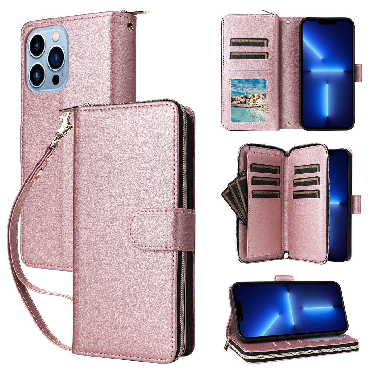 iPhone 13 Pro Max Nine-card Slots Zipper Wallet Bag Leather Phone Case ...