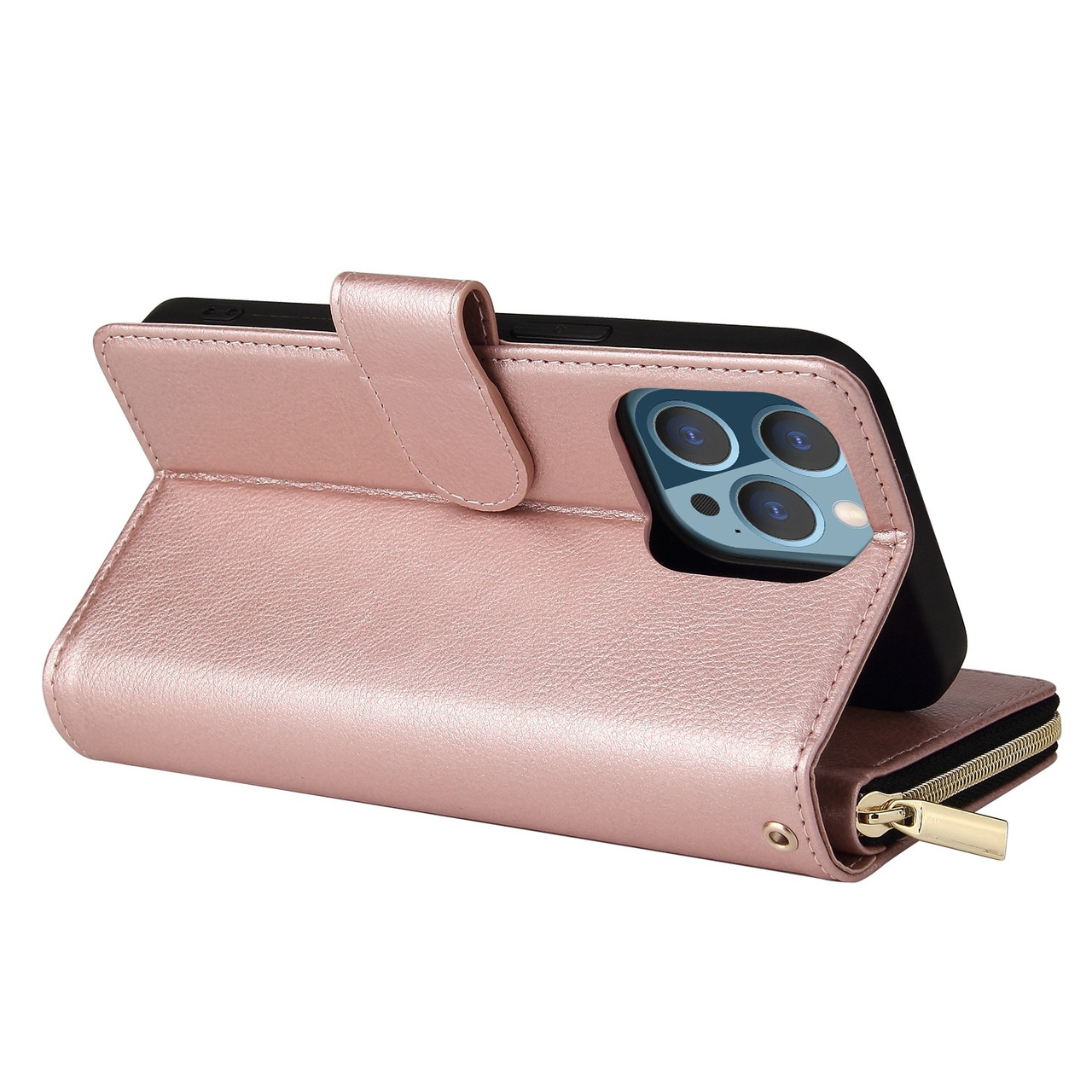 iPhone 13 Pro 9 Card Slots Zipper Wallet Bag Leather Phone Case - Rose Gold