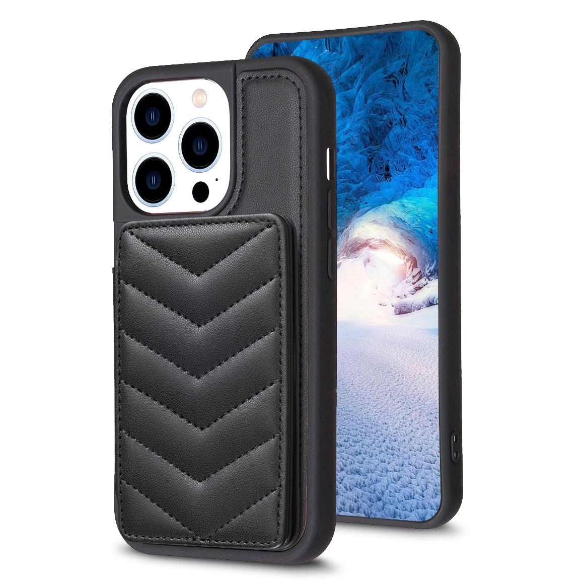 iPhone 13 Pro BF26 Wave Pattern Card Bag Holder Phone Case - Black