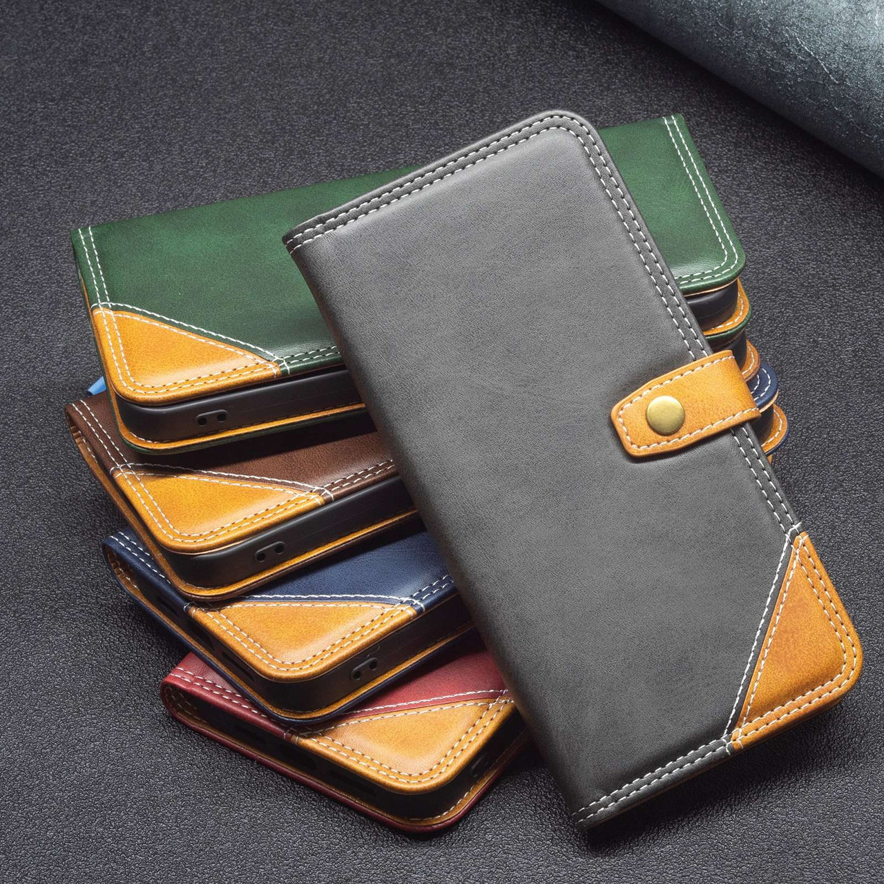 iPhone 13 Pro Color Matching Double Sewing Thread Leather Case - Blue