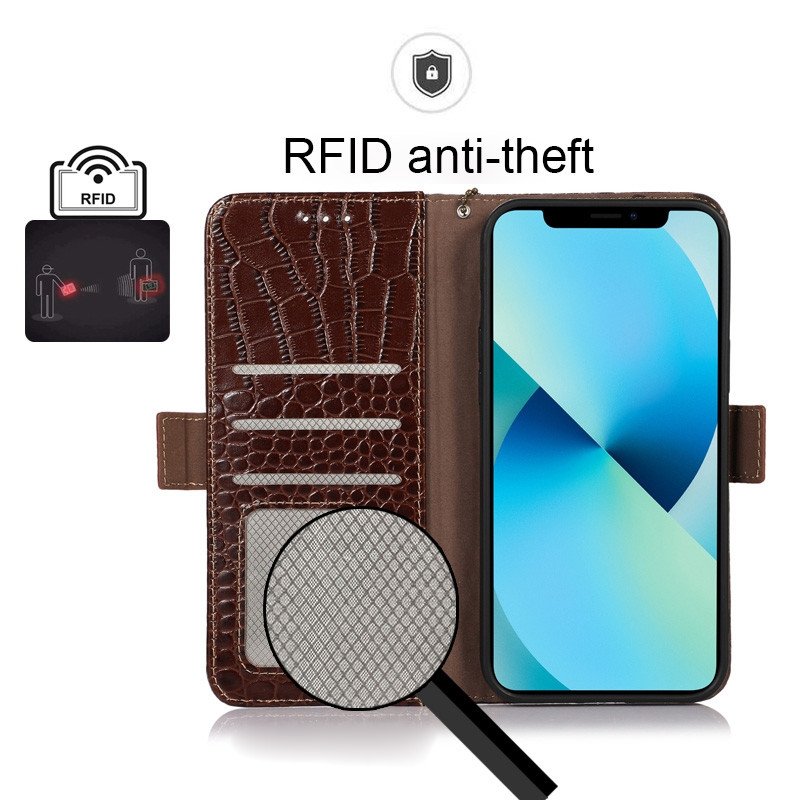 iPhone 13 Pro Crocodile Top Layer Cowhide Leather Phone Case - Brown