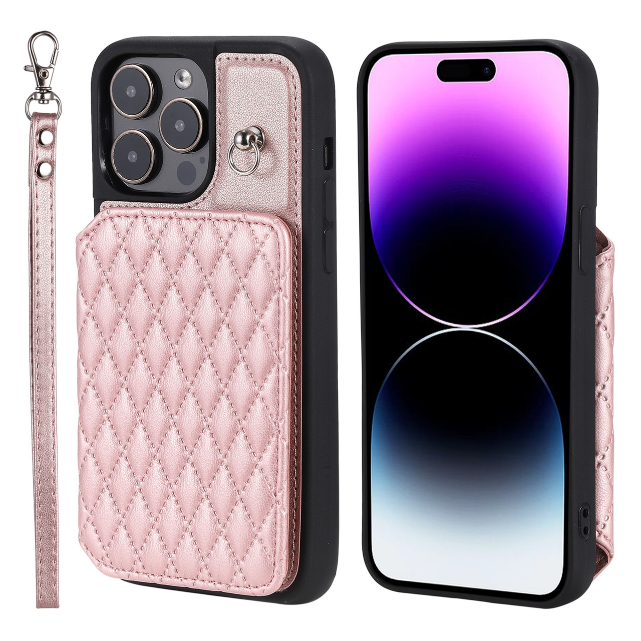 iPhone 13 Pro Grid Texture Card Bag Phone Case with Lanyard - Rose Gold