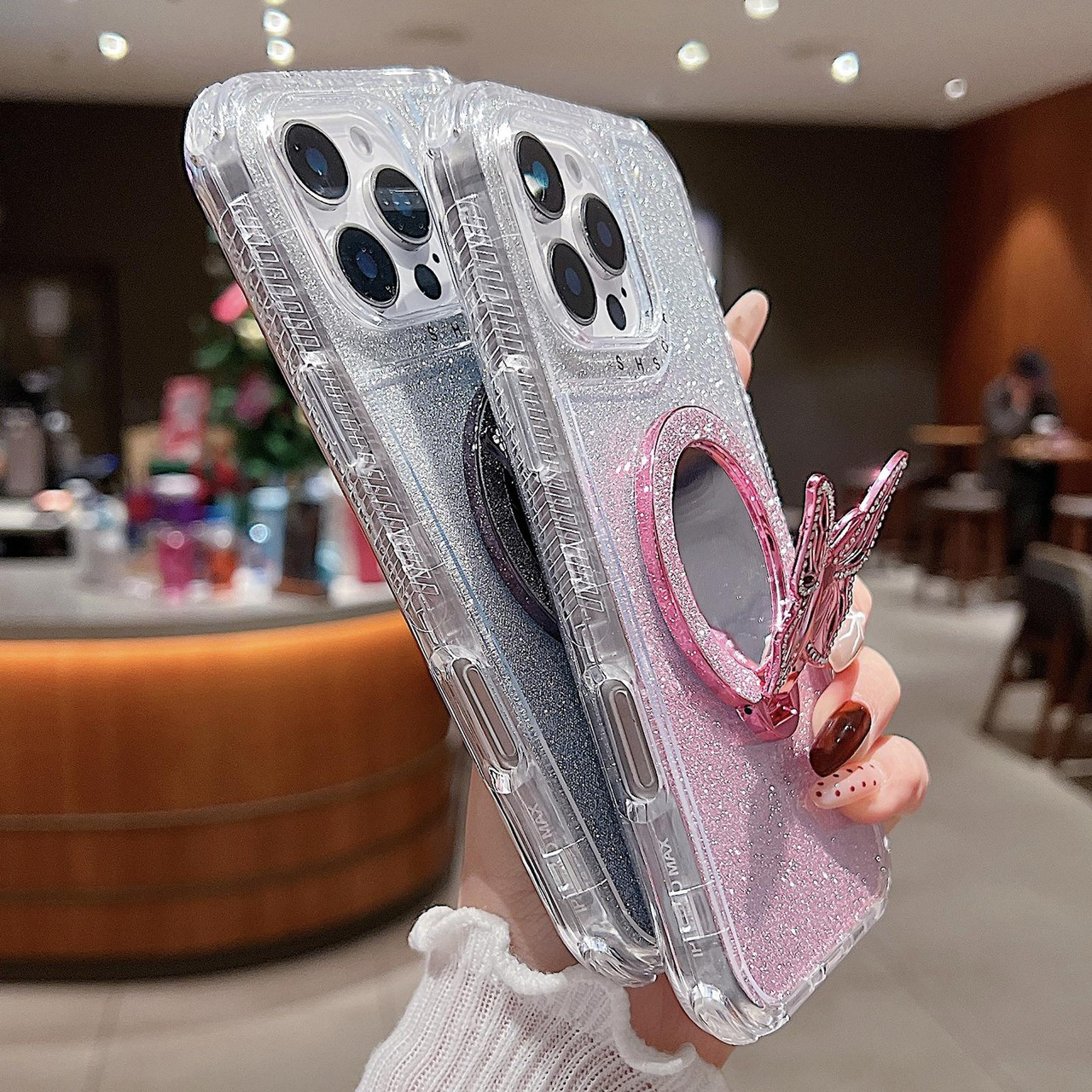 iPhone 13 Pro Mirror Butterfly Holder Glitterr MagSafe Phone Case - Silver
