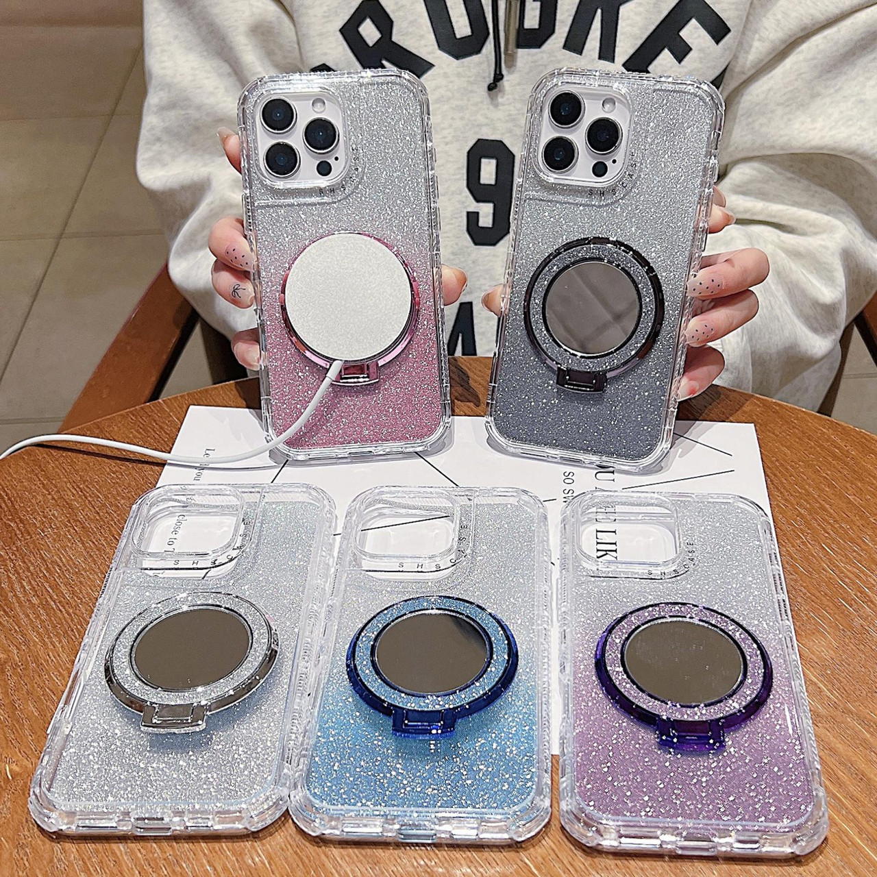 iPhone 13 Pro Mirror Holder Glitterr MagSafe Phone Case - Silver