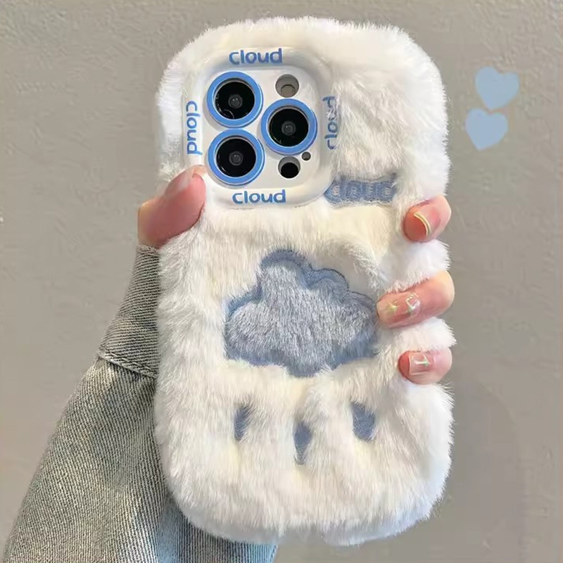 iPhone 13 Pro Plush Embroidery Full Coverage Phone Case - White + Blue ...