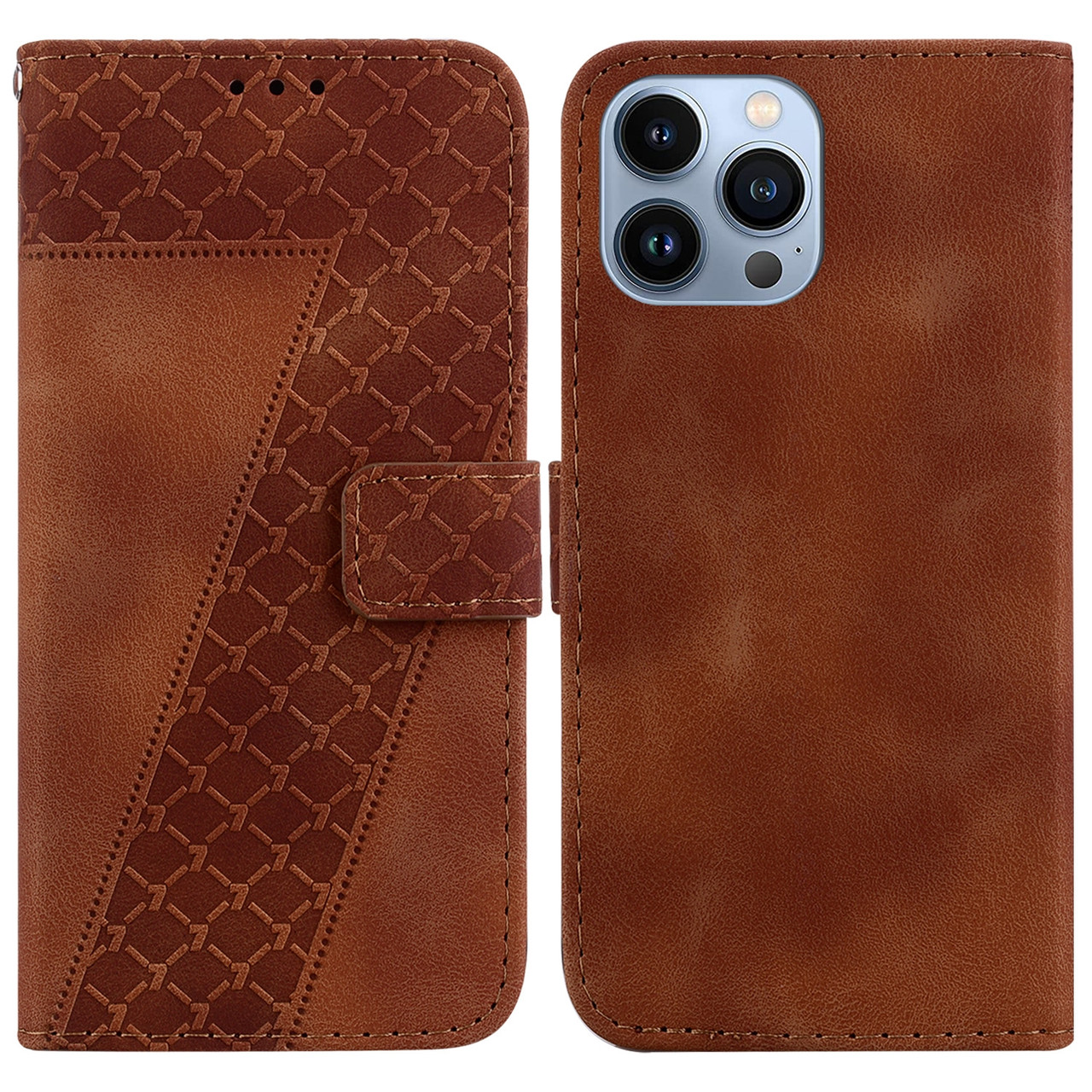 iPhone 13 Pro Seven-shaped Embossed Leather Phone Case - Brown