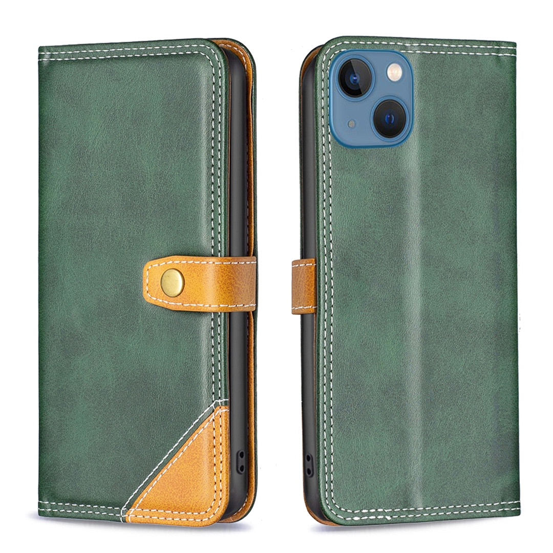 iPhone 13 Color Matching Double Sewing Thread Leather Case - Green