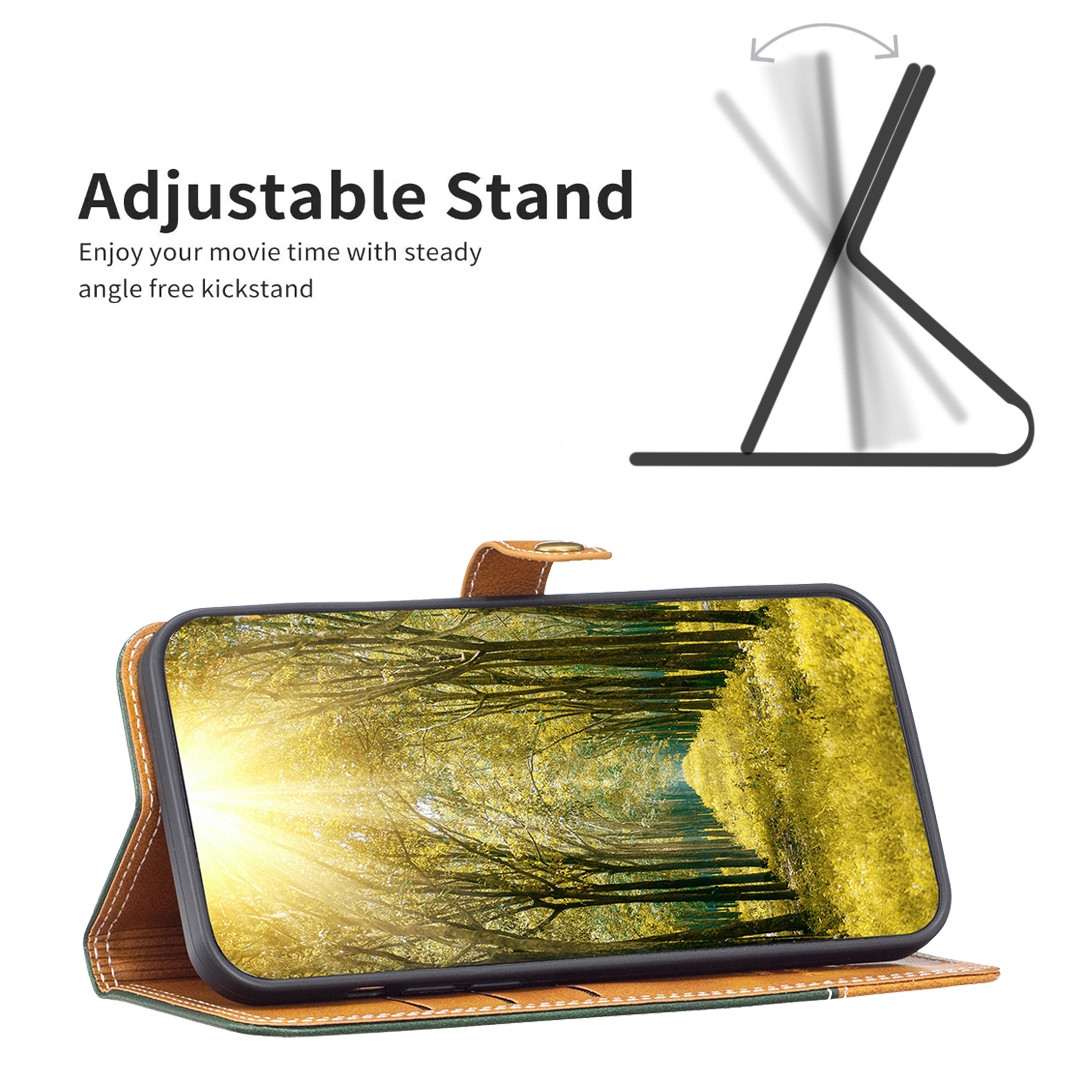 iPhone 13 Color Matching Double Sewing Thread Leather Case - Green